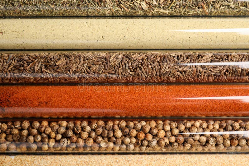 Glass Tubes with Different Spices, Closeup View Stock Photo - Image of ...