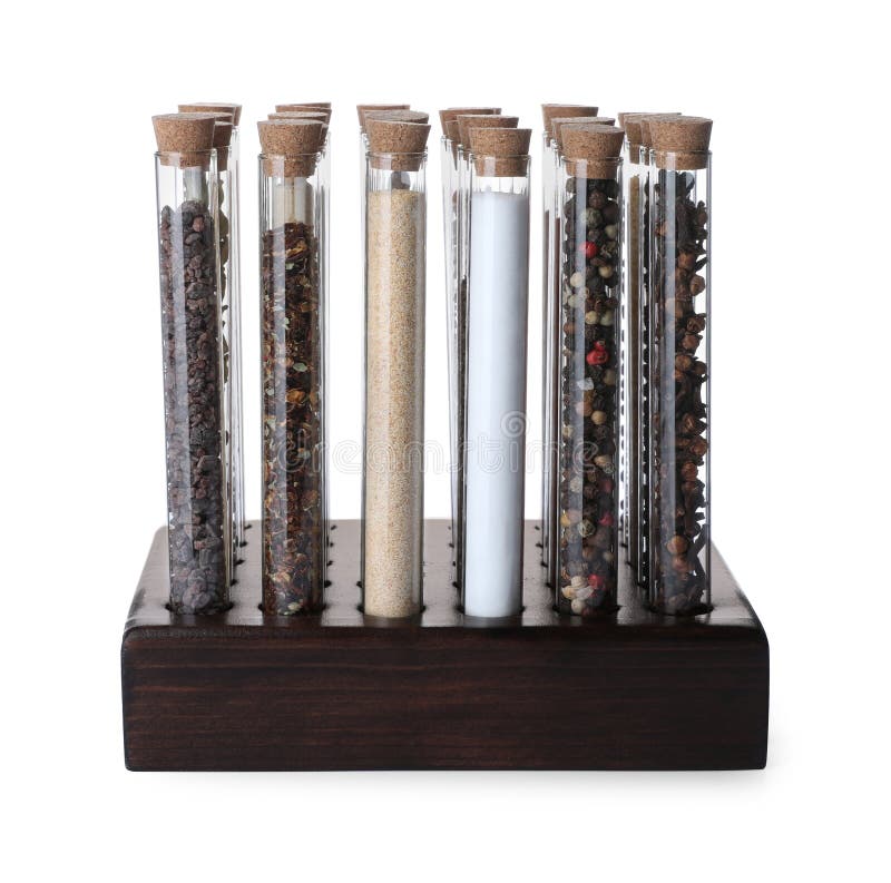 Glass Tubes with Different Spices in Rack on White Background Stock ...