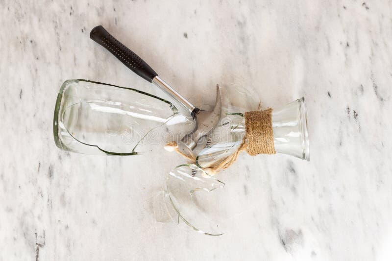 Glass Vase Crashed with Hammer on a Marble Floor Stock Image - Image of ...