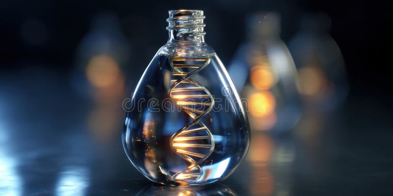 Glass Vial Containing Liquid with Glowing DNA Structure Illuminated by ...