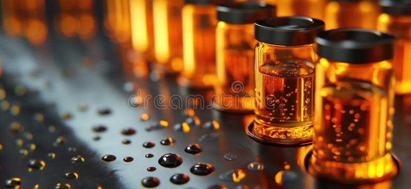 Glass Vials Filled with Amber Liquid Reflecting Light on Metallic ...