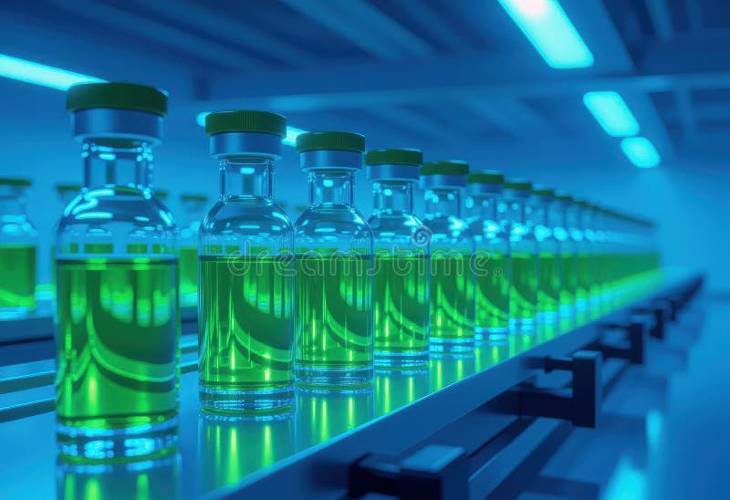Glass Vials Filled with Vibrant Green Liquid in a Modern Laboratory ...