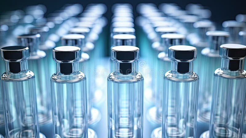 A Row of Glass Vials Filled with Liquid Moves Along a High-tech ...