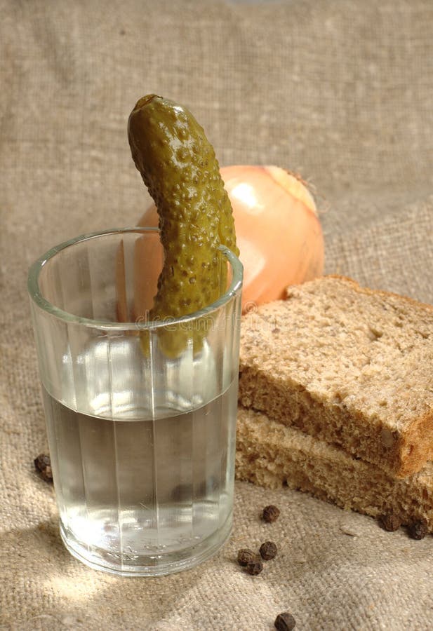 Glass of Vodka, Bread and Pickled Cucumber Stock Image - Image of party ...