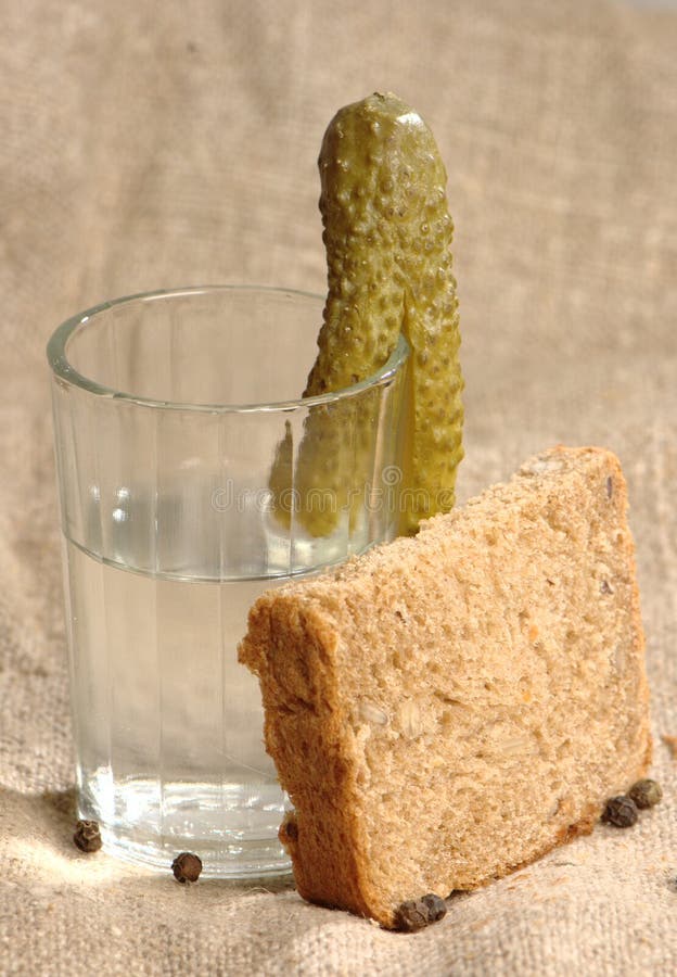 Glass of Vodka, Bread and Pickled Cucumber Stock Image - Image of cold ...