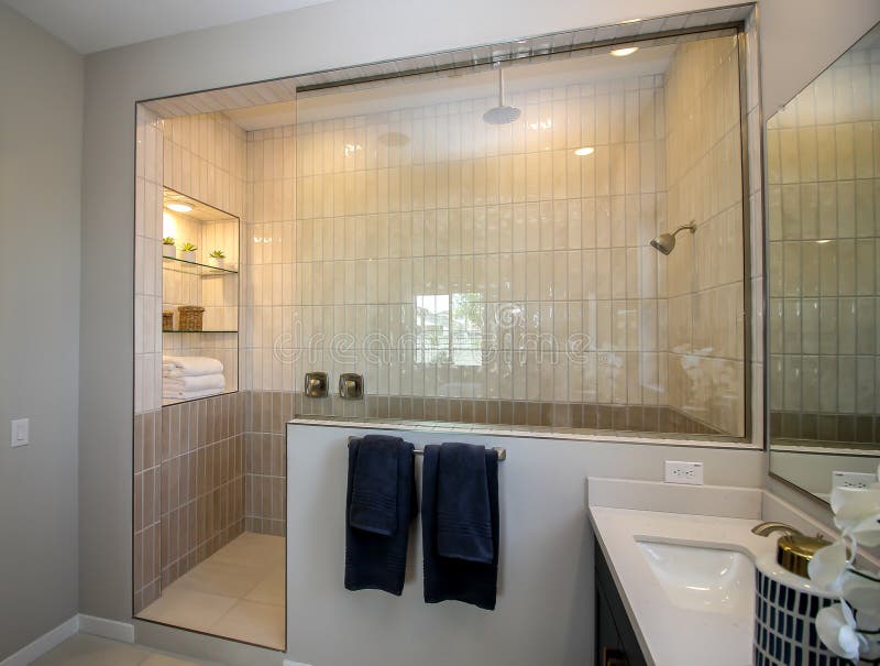 Glass Walk-in Shower with Glass Shelving Stock Image - Image of sink ...