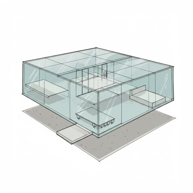 Glass-walled Cubic Structure with a Flat Roof, Featuring Minimalist ...