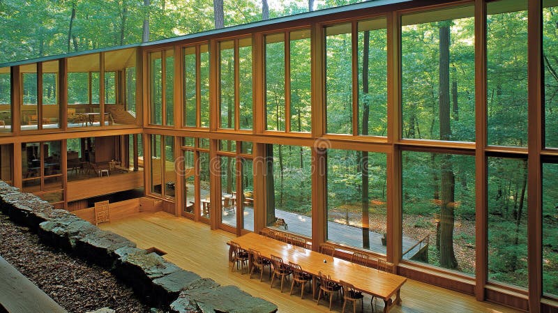 Glass-walled House, Forest View, Interior Dining, Woodland Setting ...