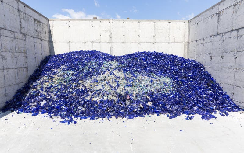 Glass Waste in Recycling Facility. Blue Bottles Stock Image - Image of ...