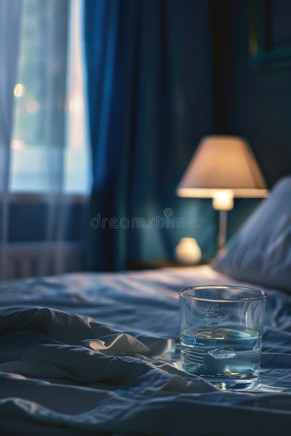 Glass of Water is on a Bed with a Lamp on Stock Image - Image of ...