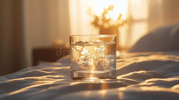 Glass of Water on Bedside Table with Sunlight. Stock Image - Image of ...