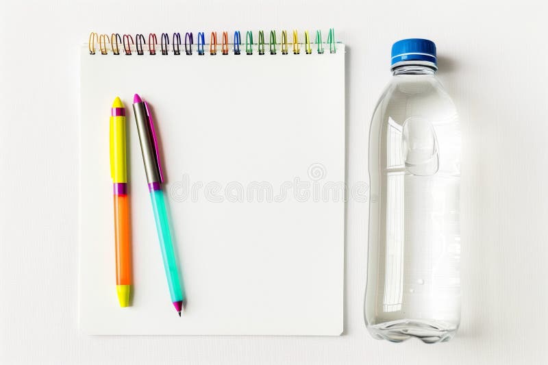 A Glass Water Bottle and a Colorful Pen Set on a Blank White Notepad ...