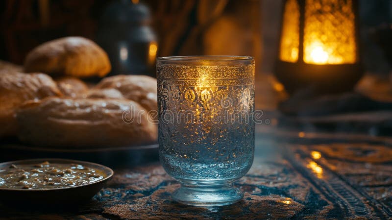 Glass of Water Bread and Lantern Light Warmth Stock Illustration ...