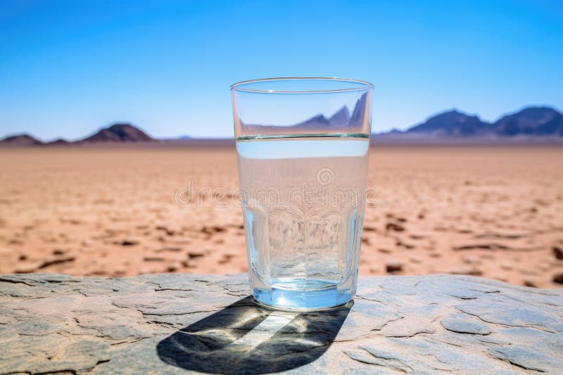 Glass of Water in Desert with Mirage-like Effect in the Distance Stock ...