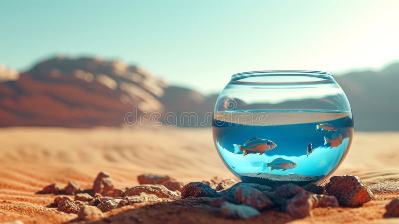A Glass of Water with Fish in it on a Sandy Beach, AI Stock Photo ...