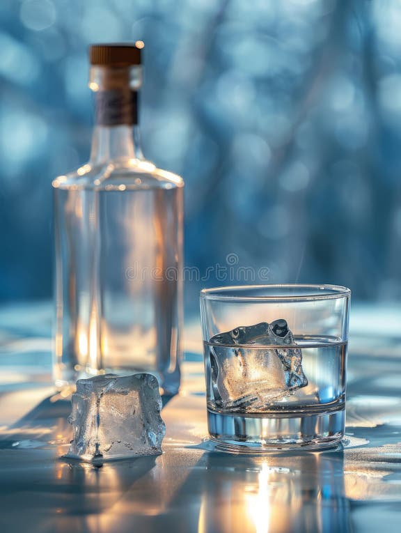 Glass of Water with Ice and a Bottle on a Reflective Surface Stock ...
