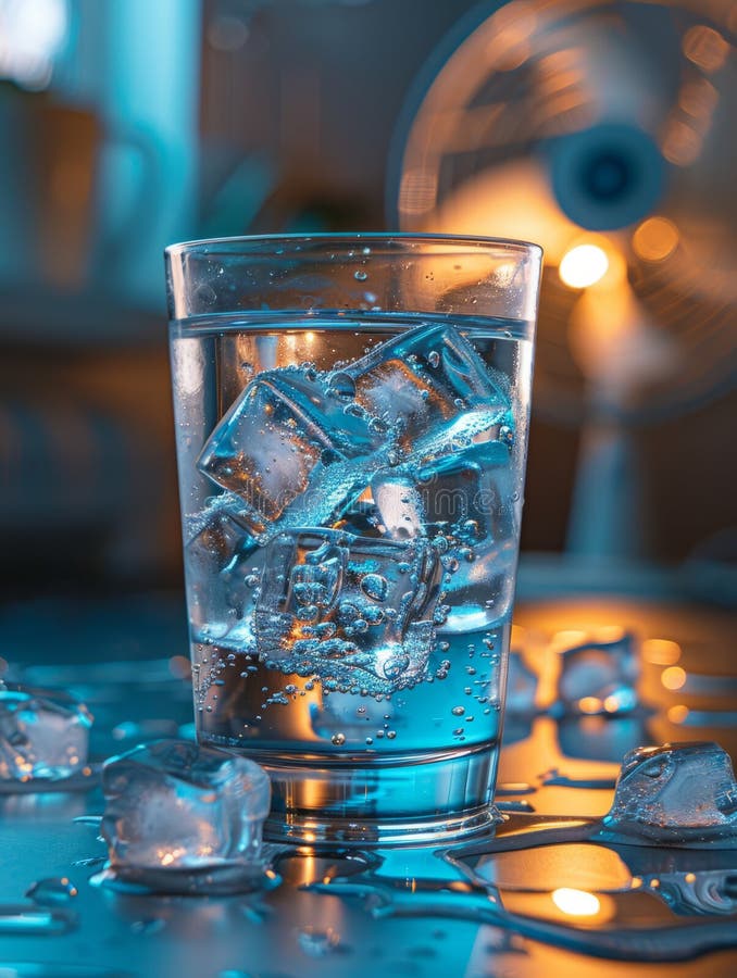Glass of Water with Ice Cubes on a Reflective Surface. Stock Photo ...