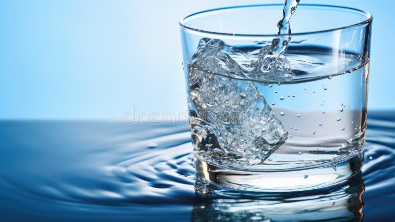 Glass of Water with Ice Cubes and Water Splash on Blue Background Stock ...