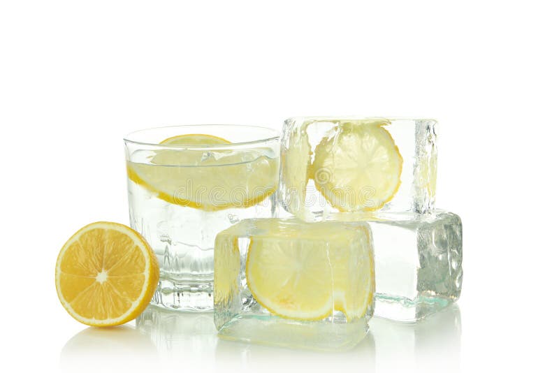 Glass of Water with Ice and Lemon, and Ice with Lemon Isolated on White ...