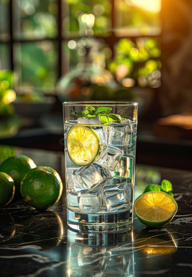 Glass of Water with Ice and Lime on the Table Stock Image - Image of ...