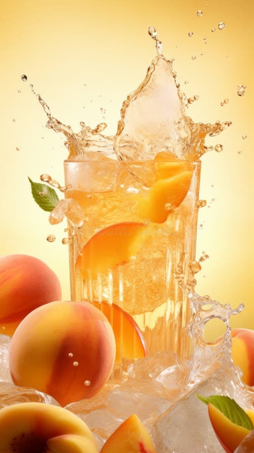 Glass with Water, Ice and Peach Juice and Splashes of Water Stock ...