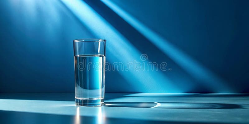 A Glass of Water Illuminated by Light Rays on a Blue Surface ...