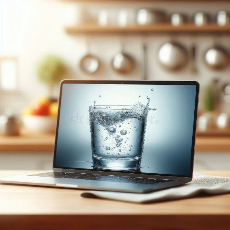 A Glass of Water on a Laptop Screen, Realism and Technology. Stock ...