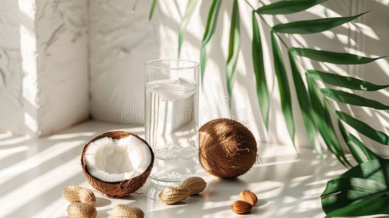 A Glass of Water, Nuts, and a Palm Leaf on a Table. Perfect for Home ...