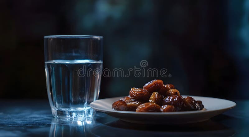 A Glass of Water beside a Plate of Dates Stock Illustration ...