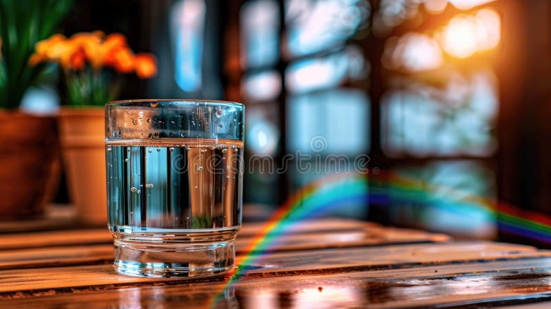 Glass of Water with Rainbow Reflection on Wooden Table in Sunlit Room ...