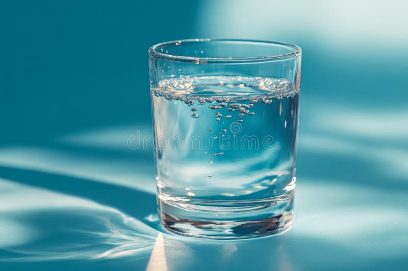 Glass of Water Reflecting on Blue Surface with Light Beams Editorial ...