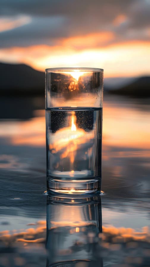 Glass of Water Reflecting Sunset Light on Calm Water Surface, Serene ...