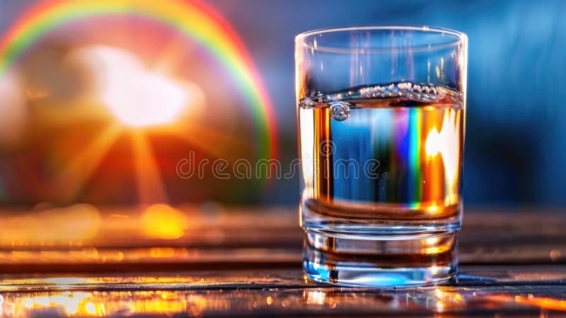 Glass of Water Reflecting Vibrant Rainbow at Sunset Stock Photo - Image ...