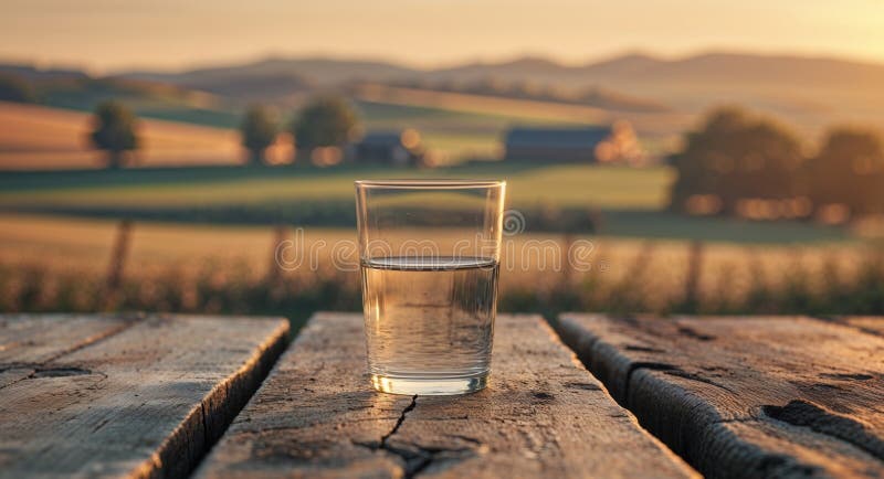 Glass of Water Sits on Rustic Table at Sunset with Blurred Farm ...