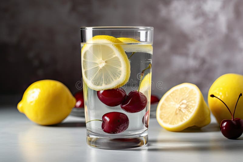 Glass of Water with Slice of Lemon and Cherry on the Side Stock ...
