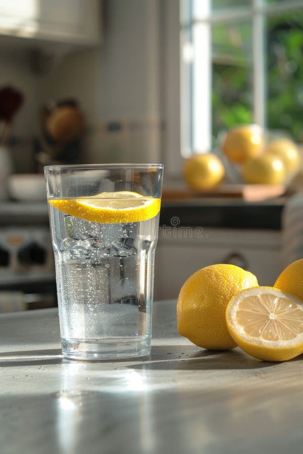 A Glass of Water with Sliced Lemons on a Kitchen Counter Stock Image ...