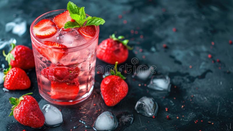 A Glass of Water with Strawberries and Ice Cubes on a Table, Ai ...