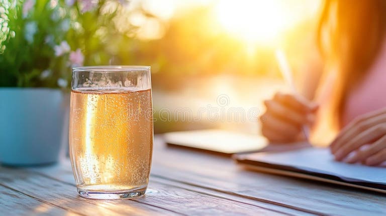 Glass of Water on a Table with Bubbles and Sunlight Streaming through Symbolizing Refreshment ...