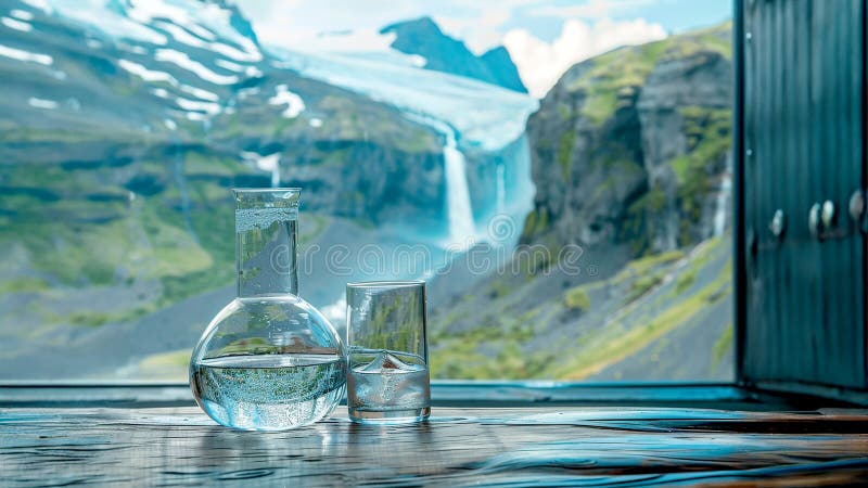 Glass of Water with Waterfall View in Iceland Stock Illustration ...