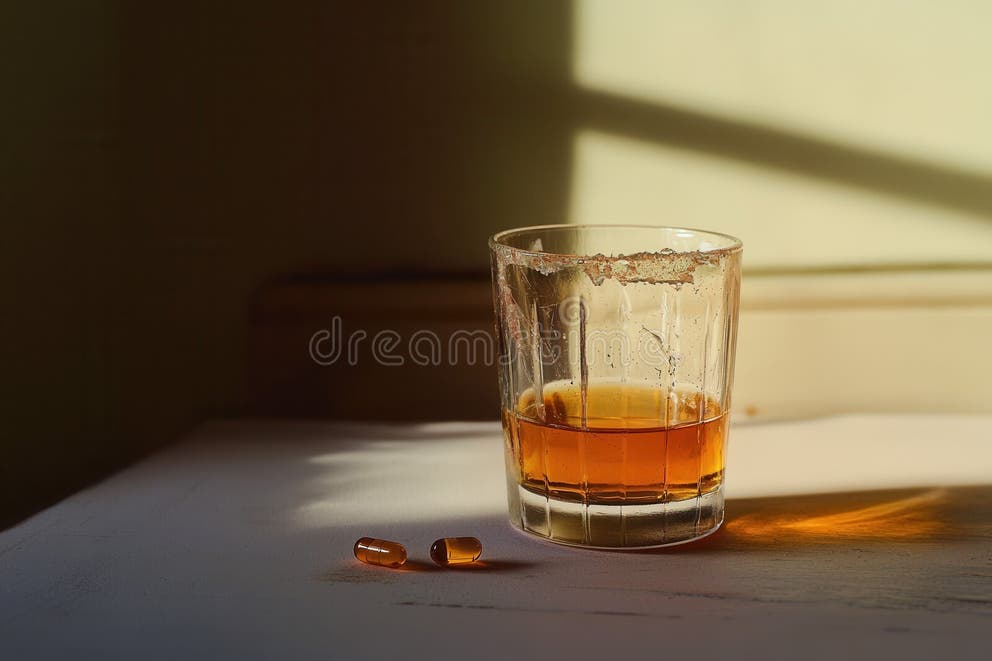 Glass of Whiskey and Capsules on Sunlit Table Stock Photo - Image of ...