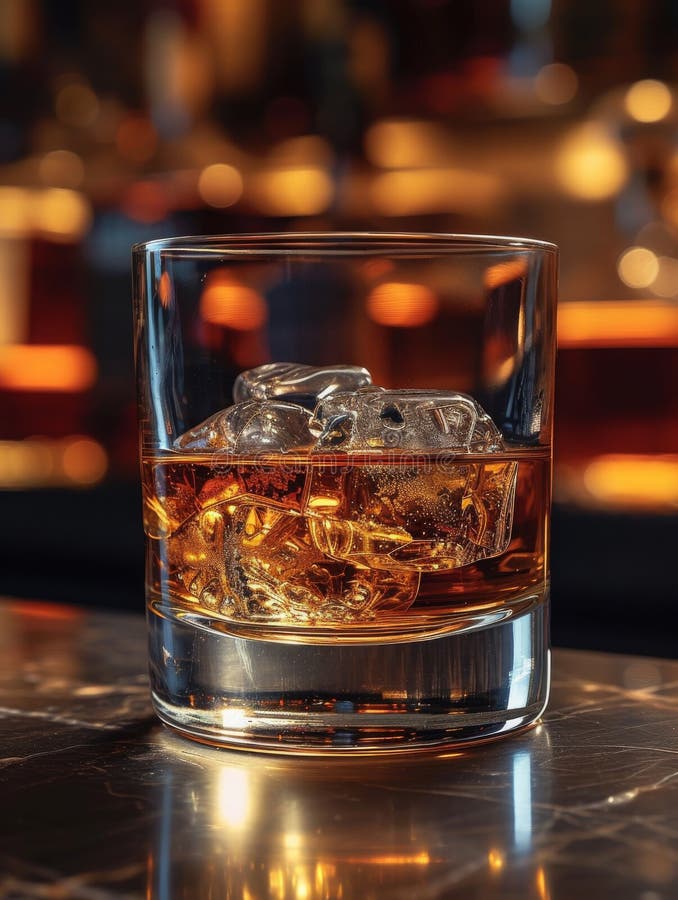 Glass of Whiskey with Ice Cubes on the Bar Counter Stock Photo - Image ...