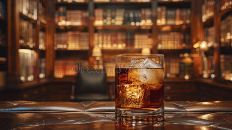 A Glass of Whiskey with Ice Cubes in a Luxurious Library Setting. Stock ...