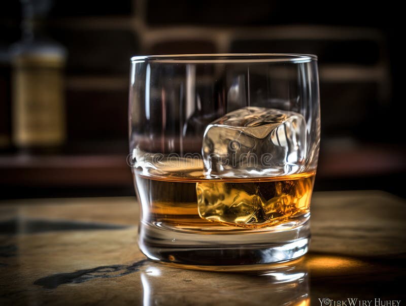 Glass of Whiskey with Ice Cubes on the Rock Table, Generative Ai Stock ...