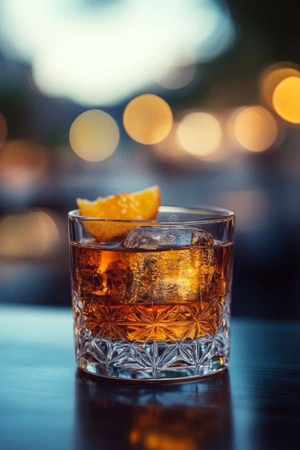 Glass of Whiskey with Ice Sparkling on Table in Bar Setting Stock Image ...