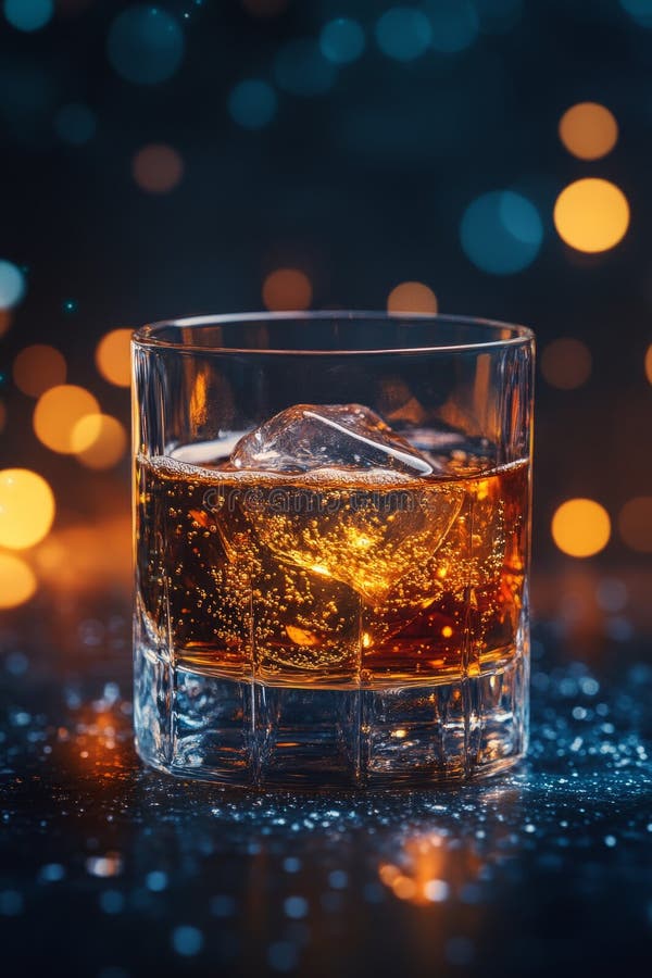 Glass of Whiskey with Ice Sparkling on Table in Bar Setting Stock Image ...