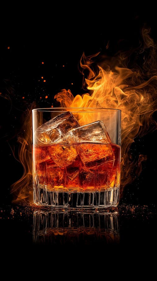 Glass of Whiskey with Ice, Surrounded by Flames and Smoke, Creating ...