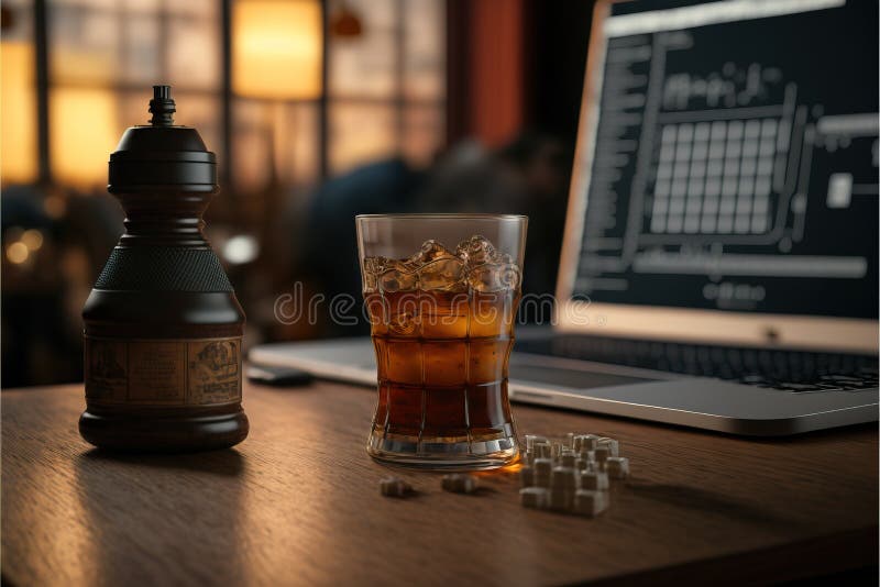A Glass of Whiskey Next To a Bottle of Whiskey and a Laptop Computer on ...
