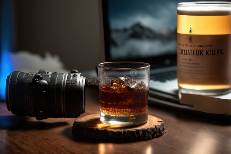 A Glass of Whiskey Next To a Camera and a Laptop Computer on a Table ...