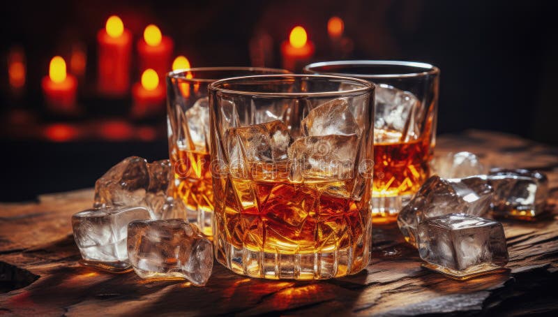 Glass of Whiskey on an Old Wooden Table. Alcohol Drink, Splash, Ice ...