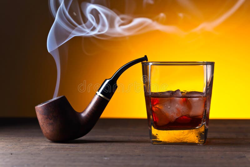 Glass of Whiskey and Pipe on a Wooden Table Stock Image - Image of ...